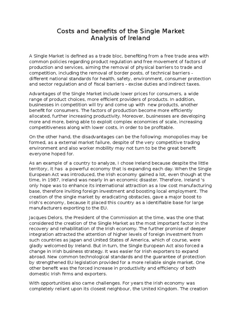 Costs and Benefits of The Single Market - Ireland | Download Free PDF ...