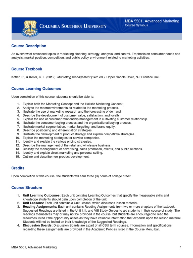 Advanced Marketing MBA Course Syllabus | PDF | Strategic Management ...