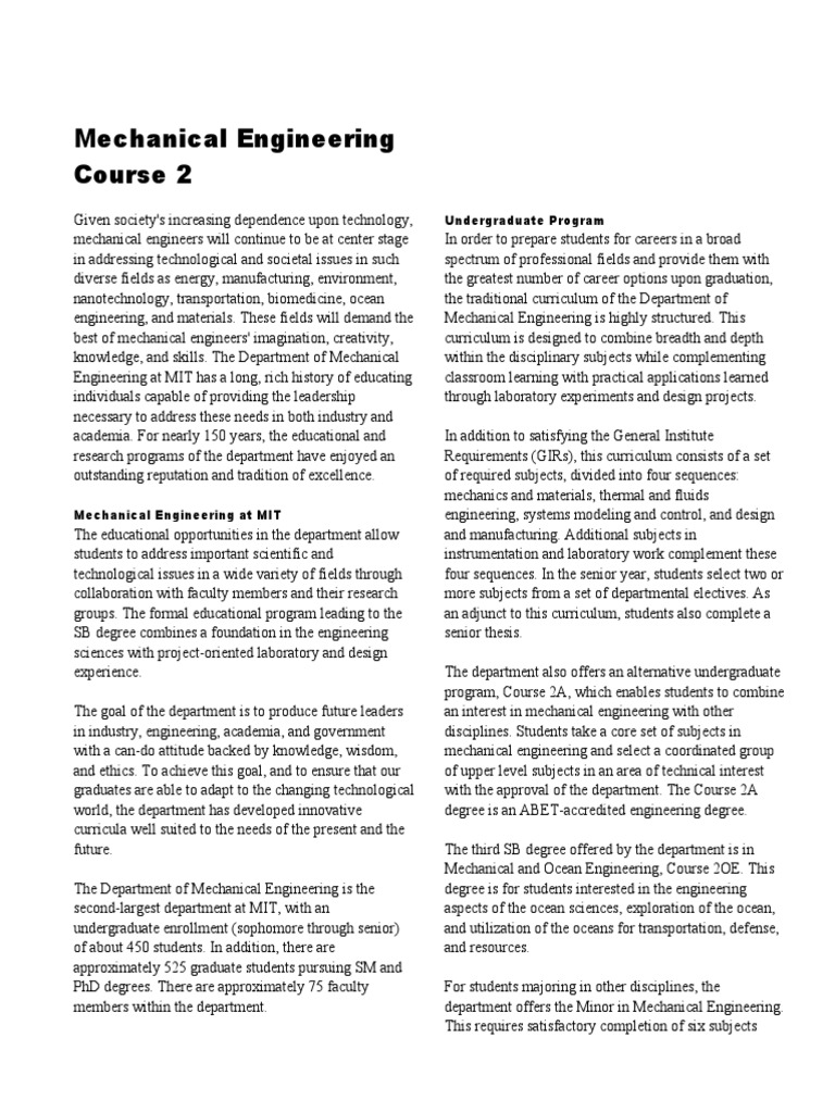 Mechanical Engineering Course 2: Undergraduate Program | PDF ...