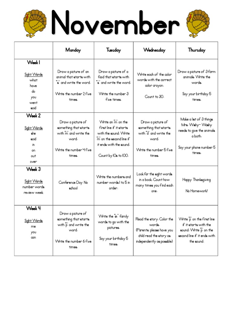 Weekly Kindergarten Homework Activities | PDF | Leisure