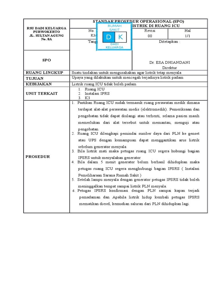 SOP Penanganan Listrik ICU | PDF