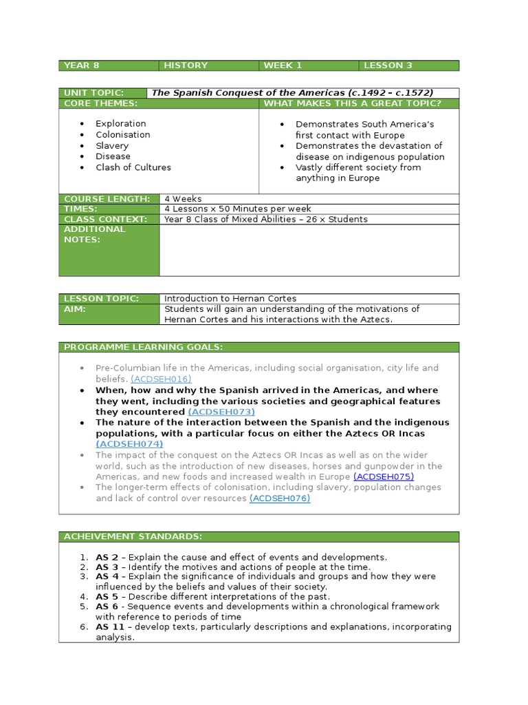 Year 8 - Spanish Conquest Lessonplan w01l03 | PDF | Colonialism | Spain
