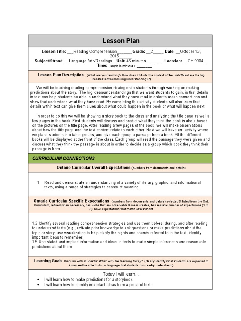 Lesson Plan: Curriculum Connections | PDF | Reading Comprehension ...