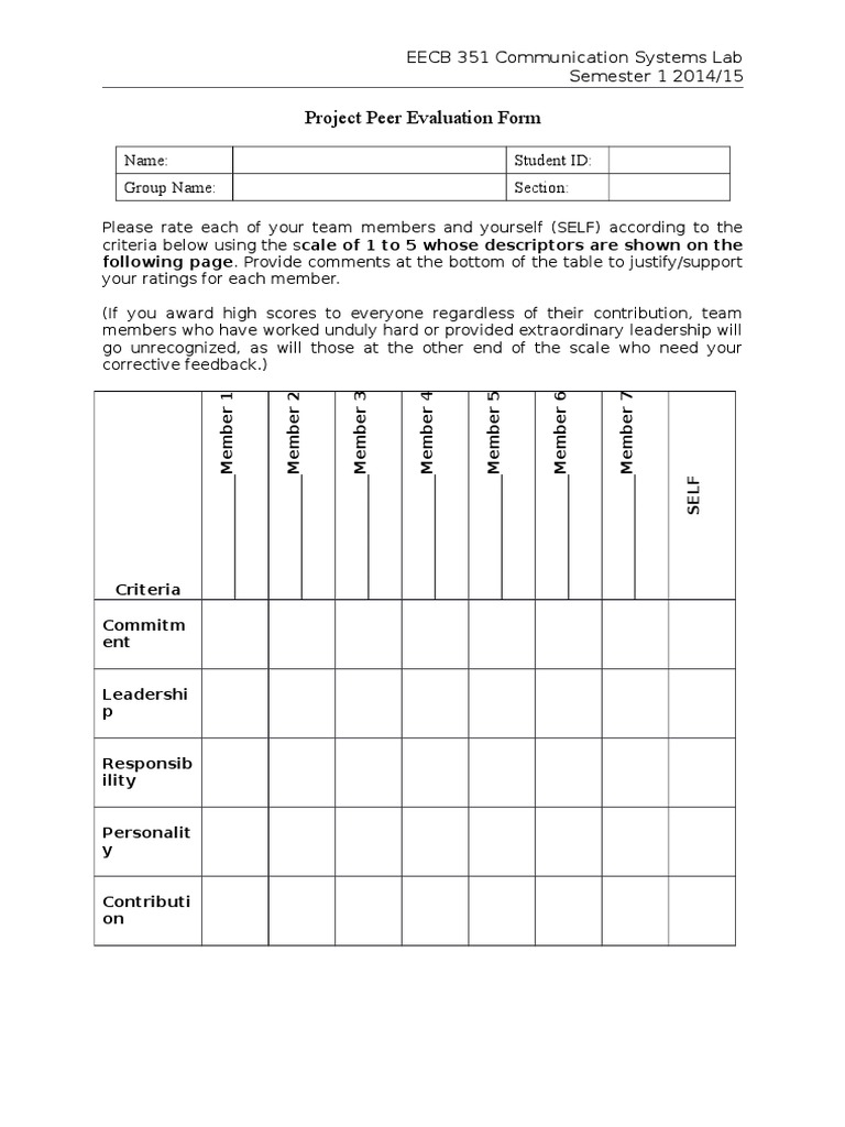 EECB351 Peer Evaluation Form | Rubric (Academic) | Leadership