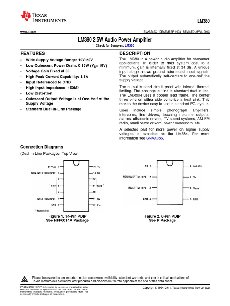 LM380. Datasheet | Amplifier | Computer Engineering