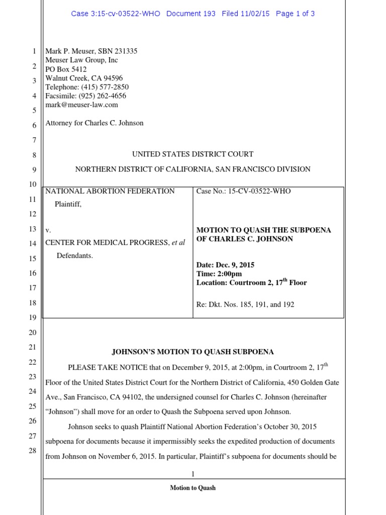 Chuck Johnson Motion To Quash Subpoena | PDF | Deposition (Law ...