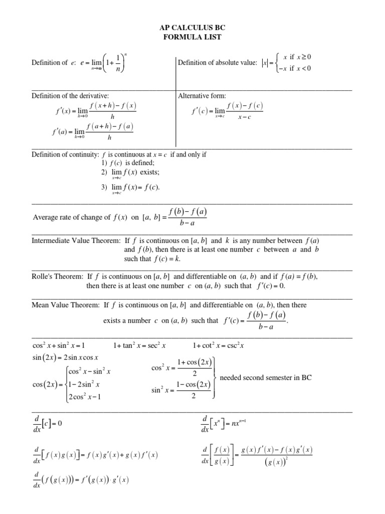 Formula List For AP Calculus BC | PDF | Derivative | Geometry