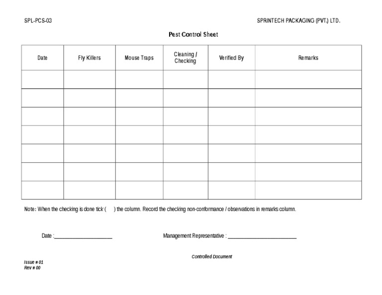 Pest Control Sheet: Date: - Management Representative | PDF | Finance ...