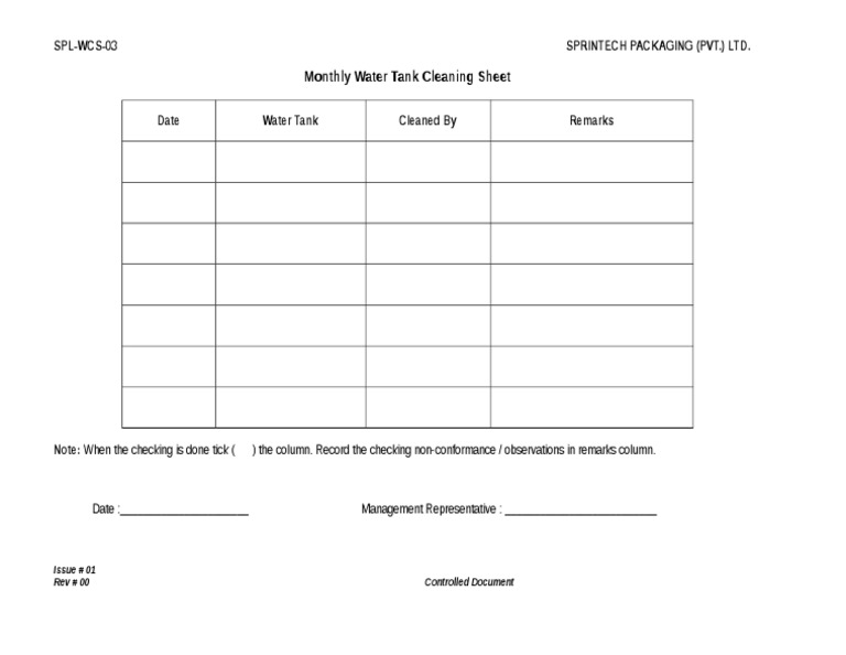Monthly Water Tank Cleaning Sheet: Date: - Management Representative | PDF