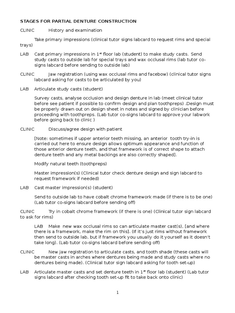 Stages For Partial Denture Construction - Student Guide | PDF ...