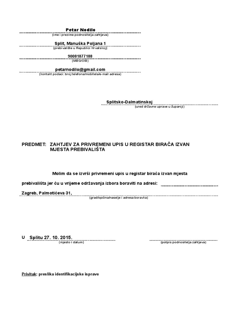Zahtjev Za Privremeni Upis | PDF