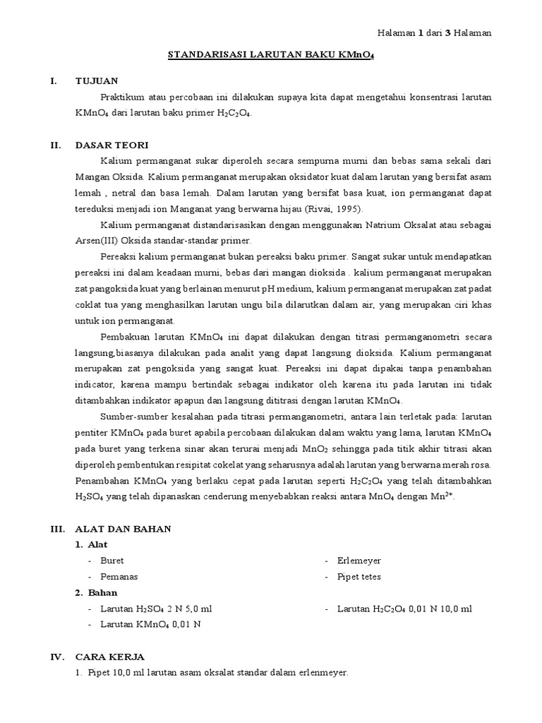 Standarisasi Larutan Baku KMnO4 | PDF | Memasak, Makanan, & Anggur ...