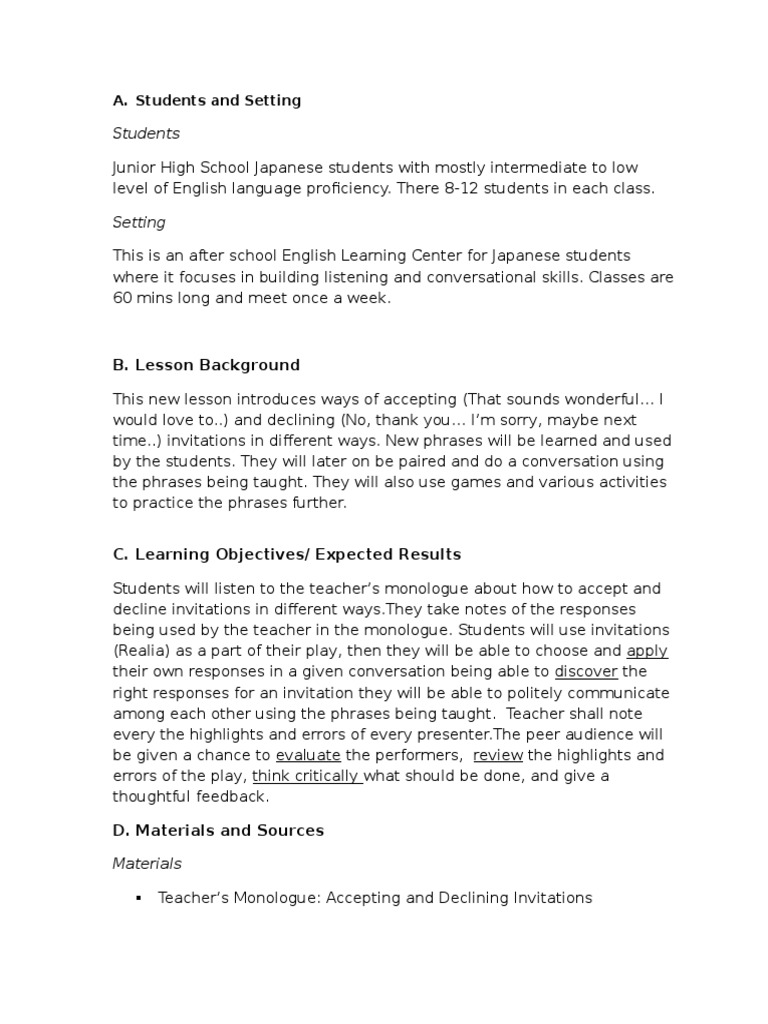 Lesson Plan How To Accept and Decline Invites | PDF | Learning | Pedagogy