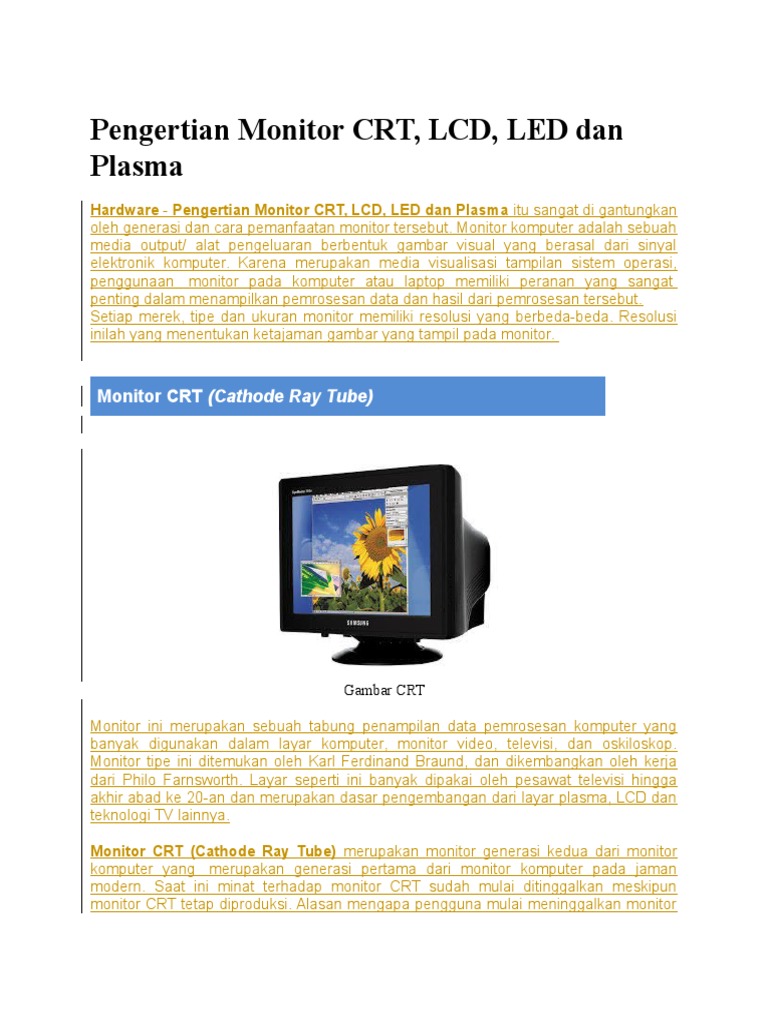 Pengertian Monitor CRT LCD LED Dan Plasm | PDF
