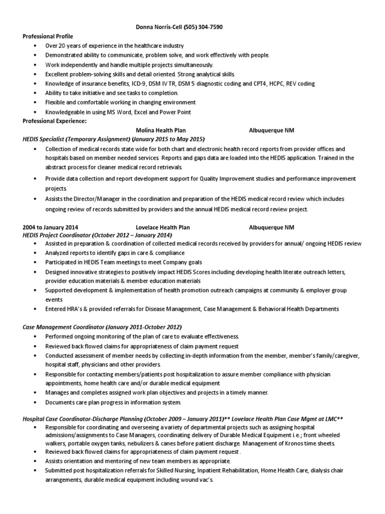 Case Management HEDIS Coordinator in Albuquerque NM Resume Donna Norris ...