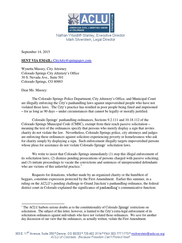 ACLU Panhandling Letter | PDF | Summons | Prosecutor