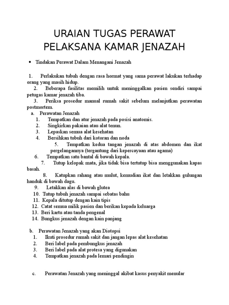 Uraian Tugas Perawat Pelaksana Kamar Jenazah | PDF | Kesehatan Holistik