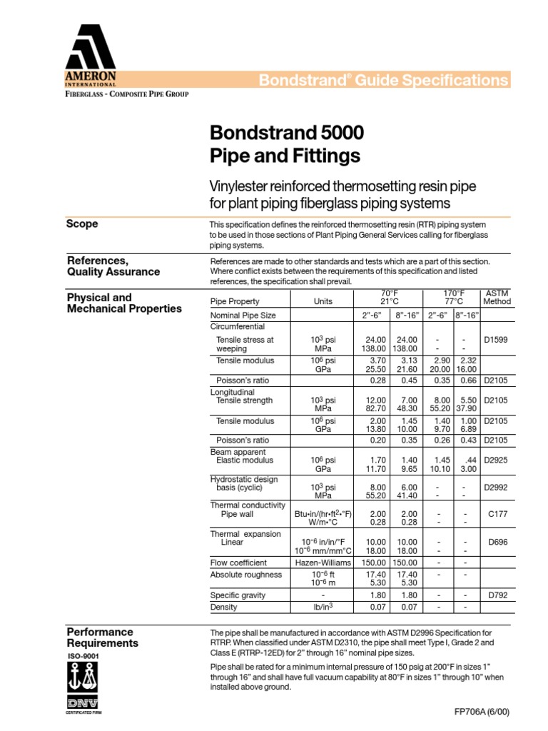 Ameron Bondstrand 5000 Pipe and Fitting Specification | Young's Modulus ...