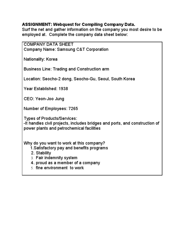 ASSIGNMENT: Webquest For Compiling Company Data | PDF | Business