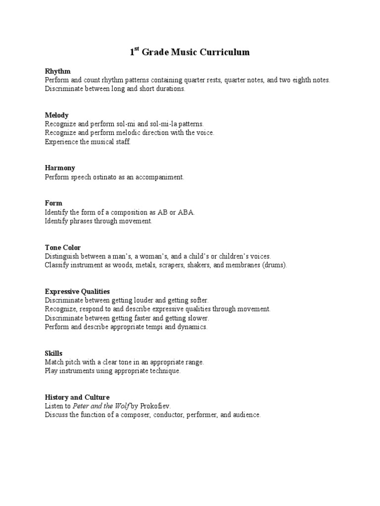 1st Grade Music Curriculum Overview | PDF | Art