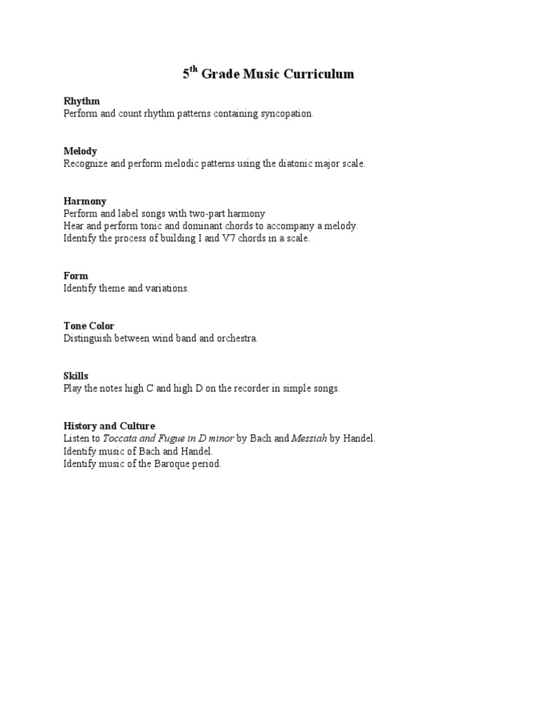 5th Grade Music Curriculum Overview | PDF | Art