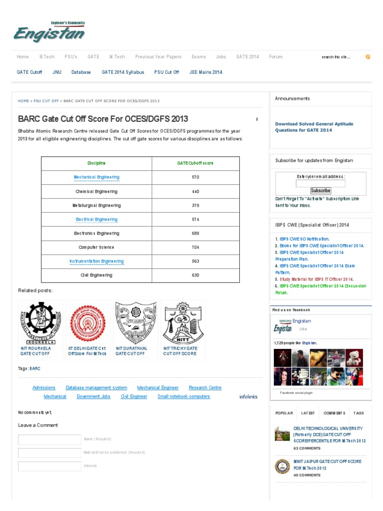 BARC Gate Cut Off Score For OCES - DGFS 2013 - Engistan - Engistan ...