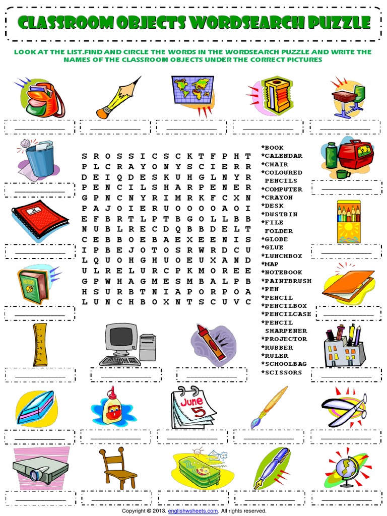 Classroom Objects Supplies Wordsearch Puzzle Vocabulary Worksheet 1 | PDF