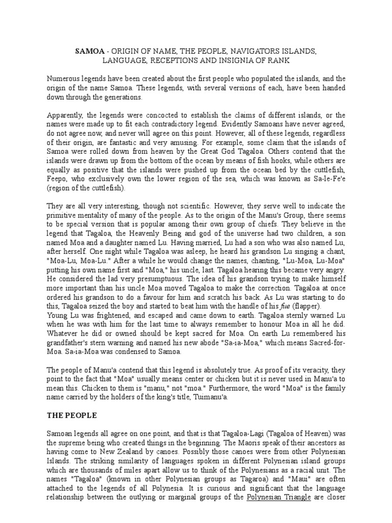 Samoa - Origin of Name, The People, Navigators Islands | PDF ...