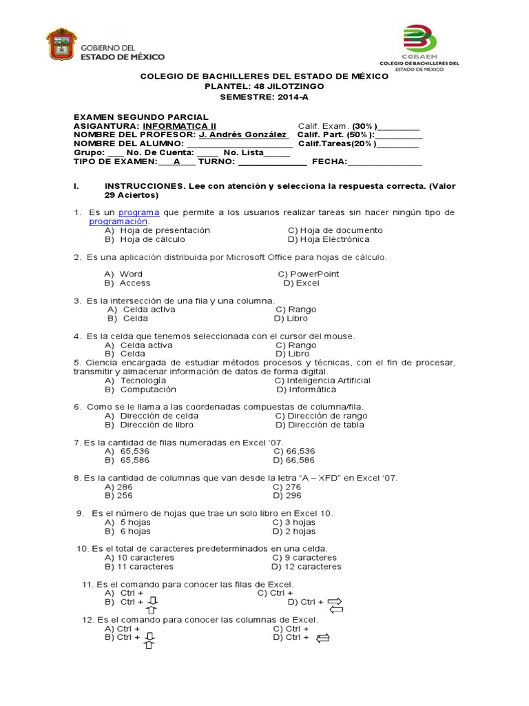 Examen 2 Parcial Grupos 200. | PDF | Hoja de cálculo | Microsoft Excel