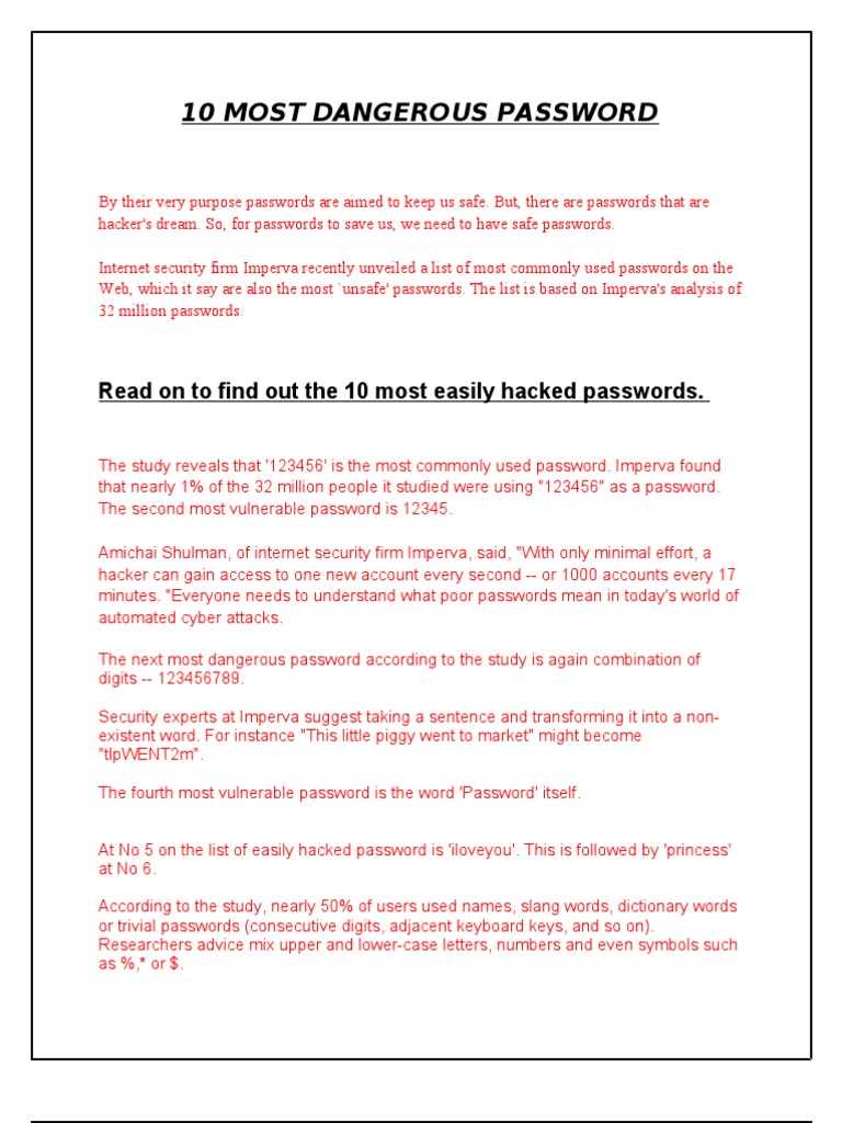 Top 10 Most Dangerous Passwords | PDF