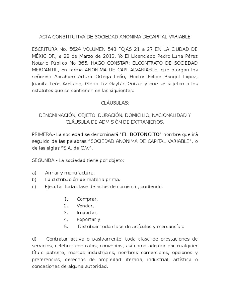 Acta Constitutiva Ejemplo | PDF | Liquidación | Compartir (Finanzas)