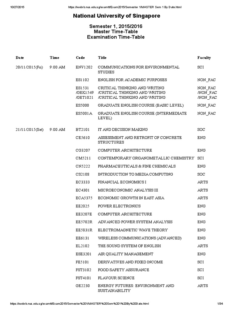 NUS Exam Timetable | PDF | System | Engineering