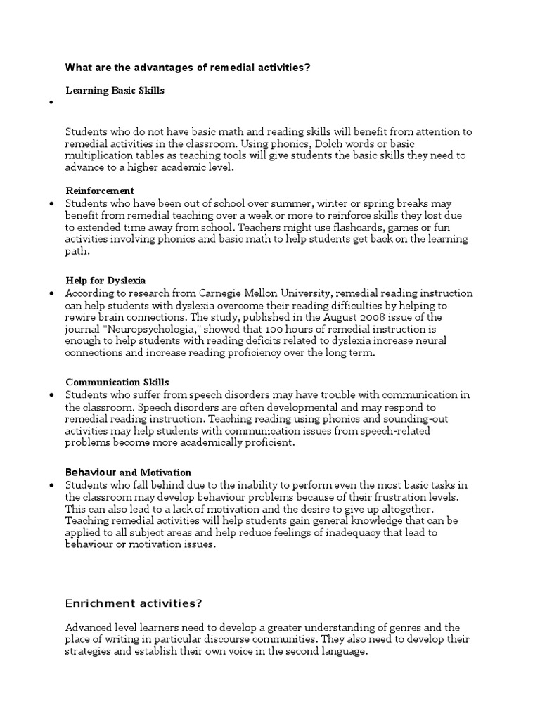 What Are the Advantages of Remedial Activities | Learning | Reading ...