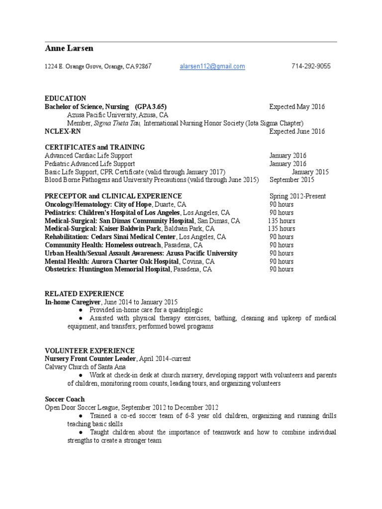 Nursing Resume of Anne Larsen | PDF