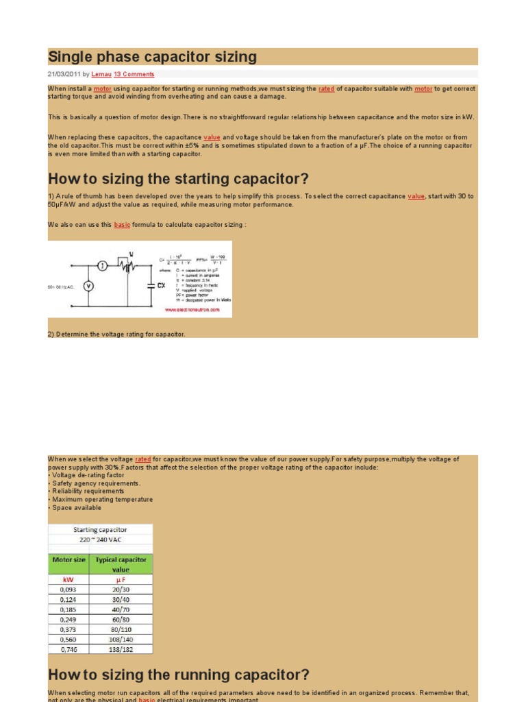 Single Phase Capacitor Sizing | Capacitor | Electric Motor