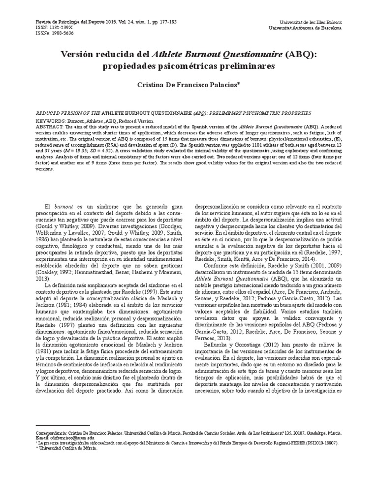 Versión Reducida Del Athlete Burnout Questionnaire (ABQ) : Propiedades Psicométricas ...