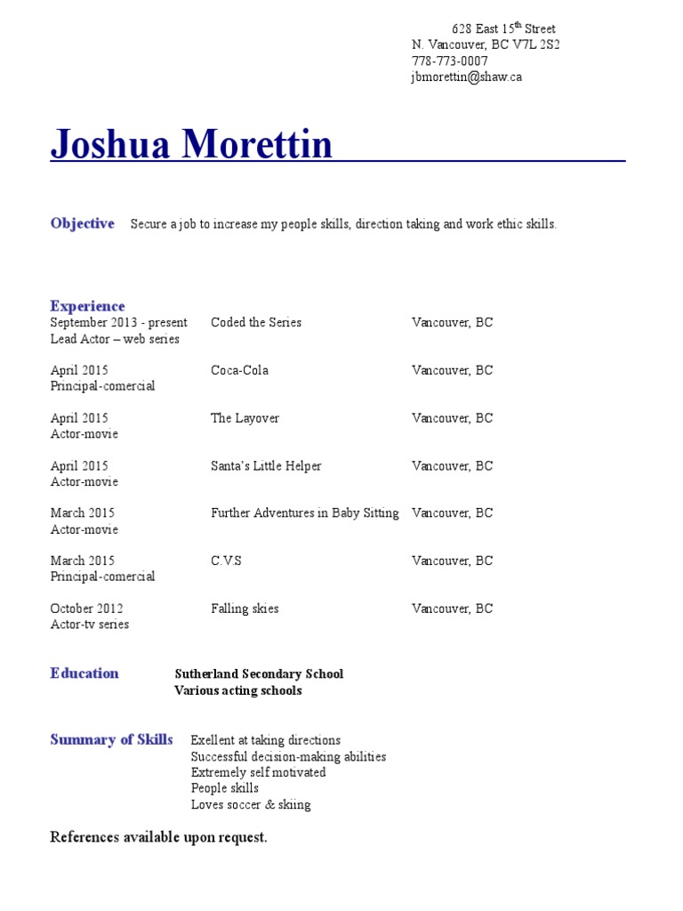 Actor Resume: Joshua Morettin | PDF | Career & Growth