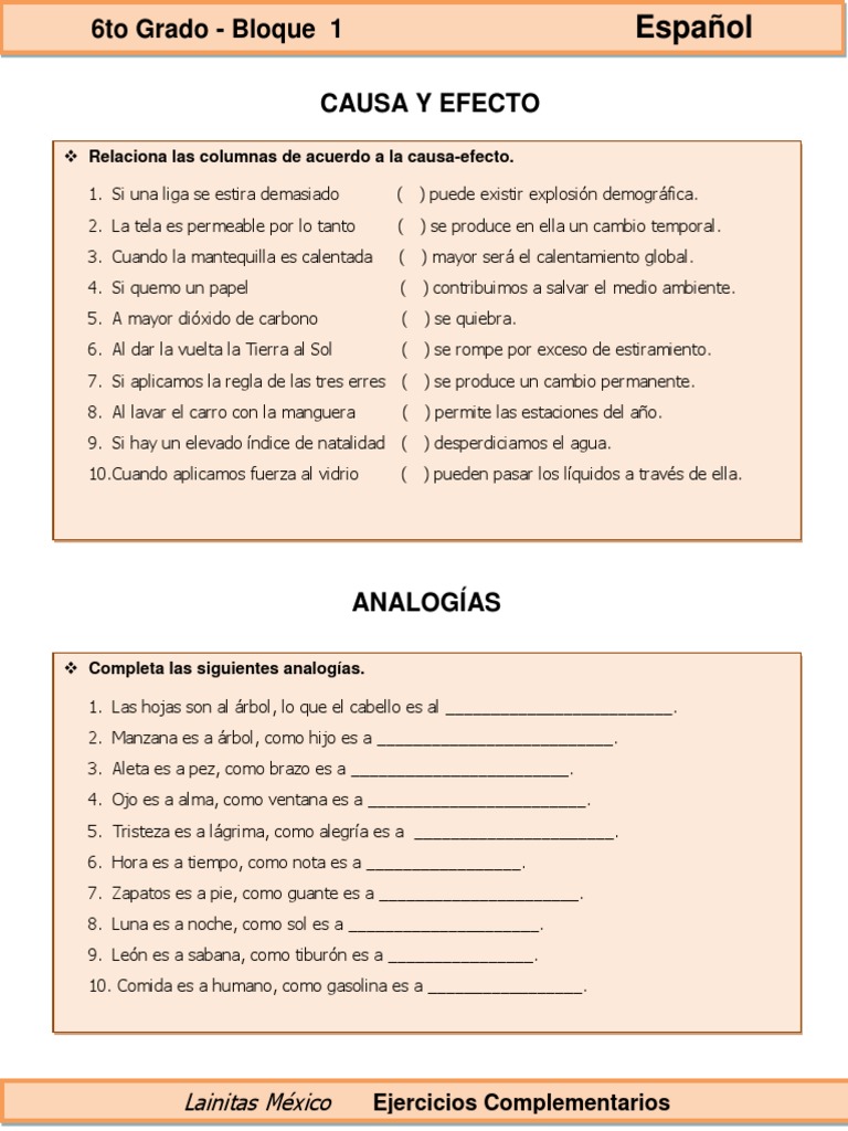 Hojas De Trabajo De Causa Y Efecto Para Sexto Grado El Texto | Textos