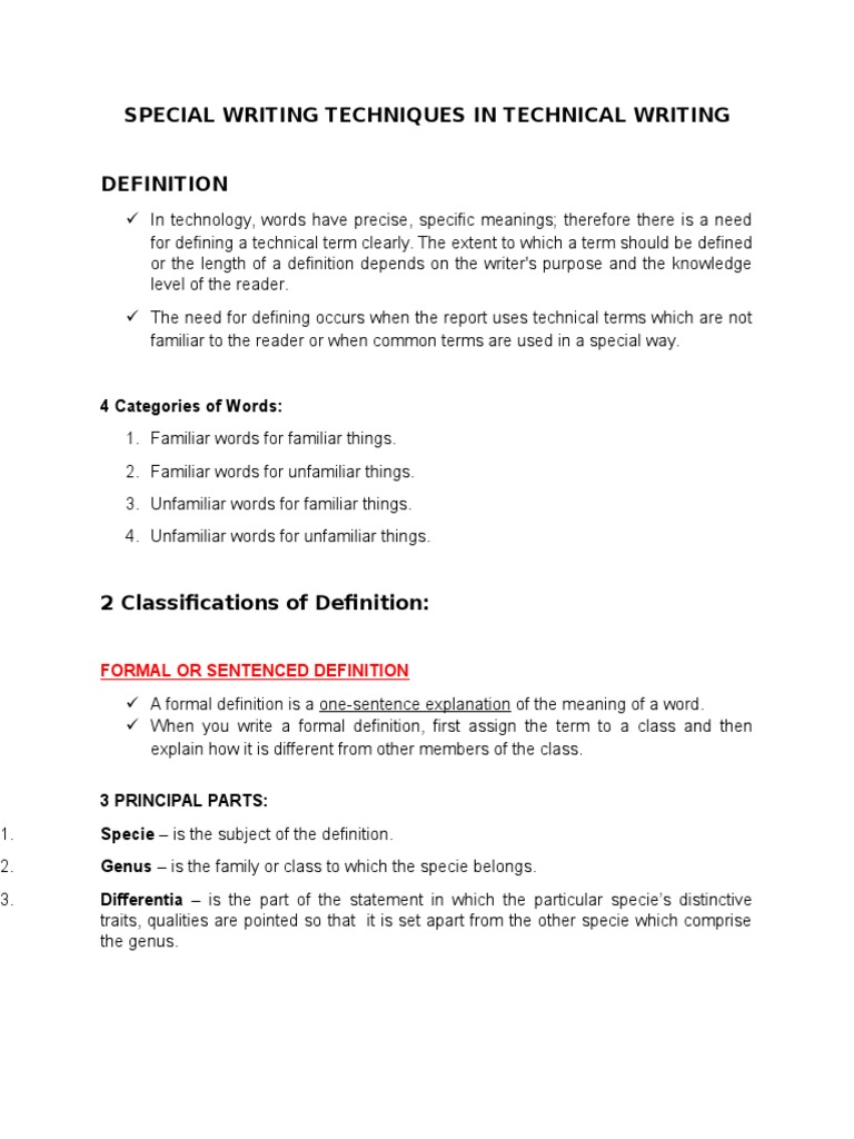 Definition: Special Writing Techniques | PDF | Definition | Sentence ...