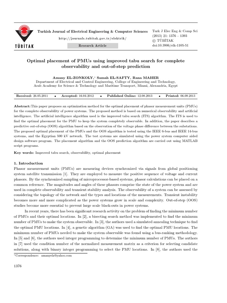Paper - Optimal Placement of PMUs Using Improved Tabu Search For Complete Observability and Out ...