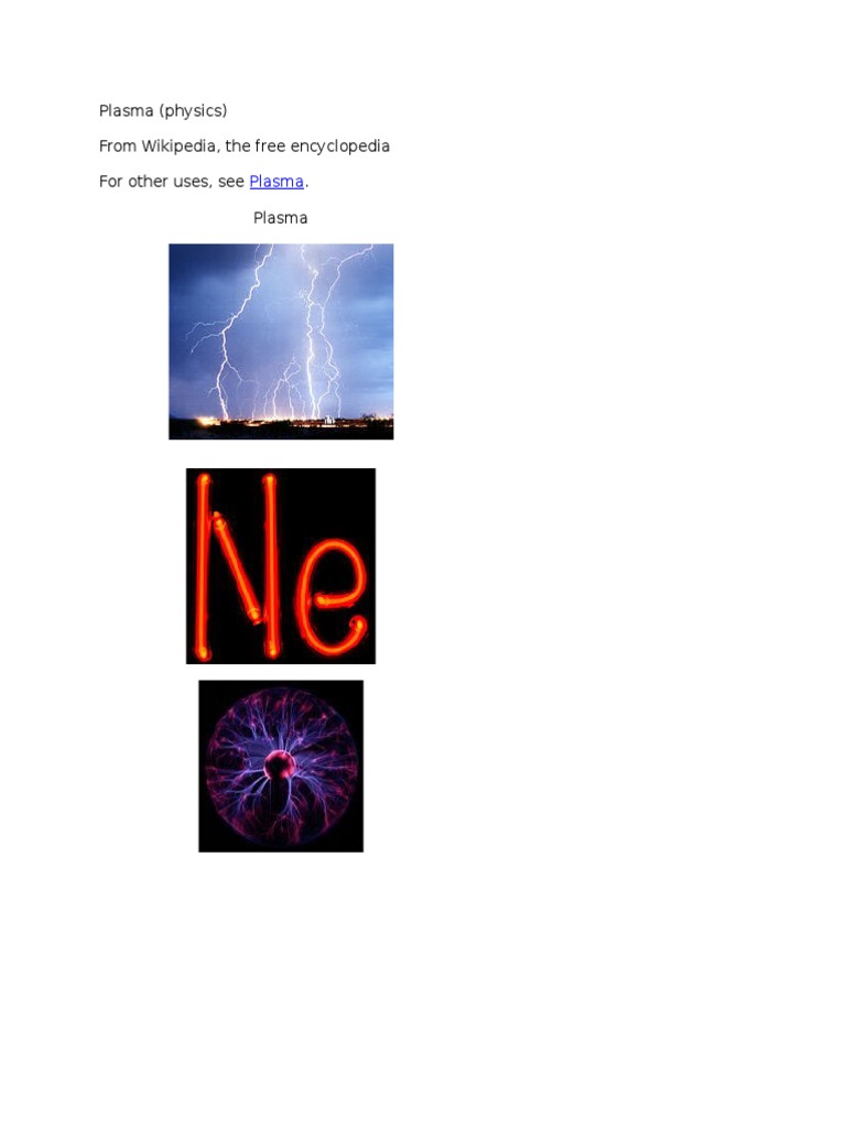 Plasma (Physics) From Wikipedia, The Free Encyclopedia For Other Uses, See - Plasma | PDF ...