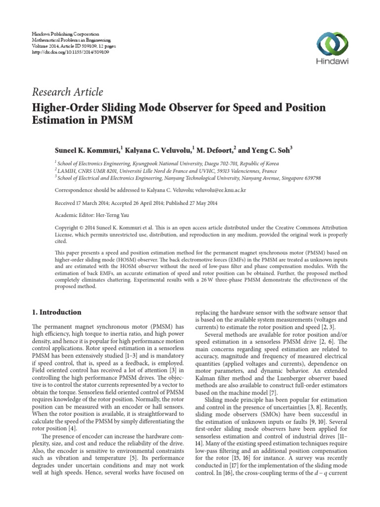 Research Article Higher Order Sliding Mode Observer For Speed And Position Estimation In Pmsm
