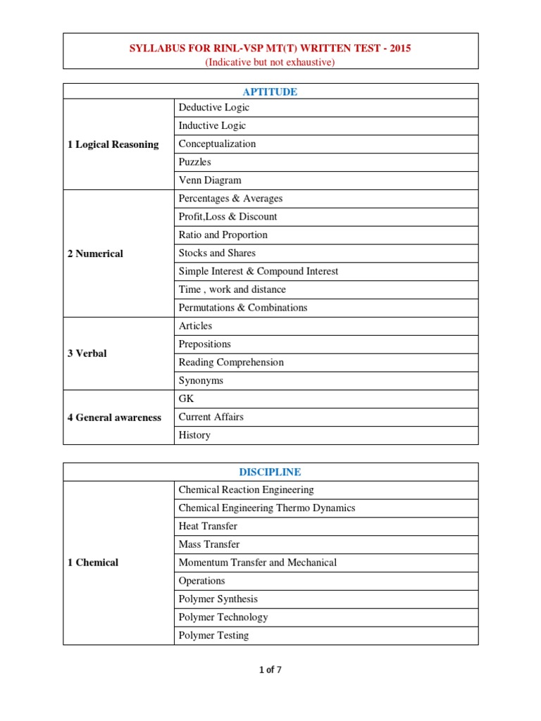 1 Logical Reasoning: Syllabus For Rinl-Vsp MT (T) Written Test - 2015 ...