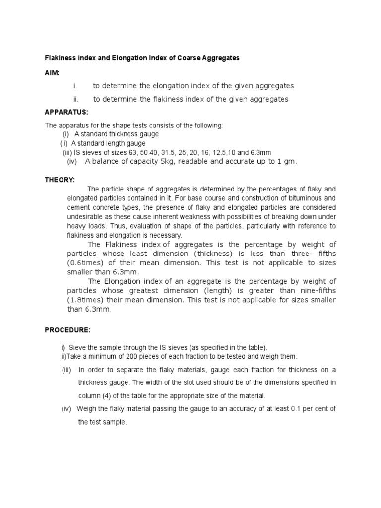 Flakiness Index and Elongation Index of Coarse Aggregates | PDF | Road ...