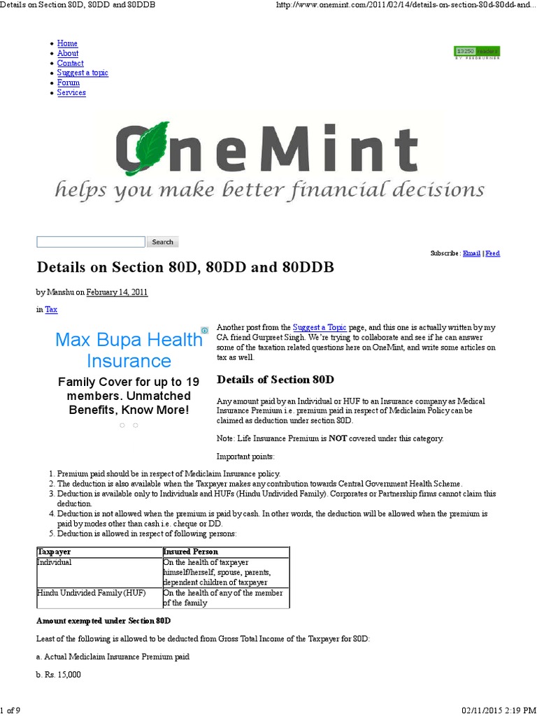 Details on Section 80D, 80DD and 80DDB | Tax Deduction | Medicaid