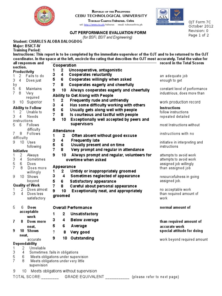 OJT Performance Evaluation Form | PDF | Cognition