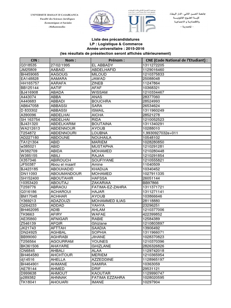 Cin: Nom: Prénom: CNE (Code National de L'etudiant) | PDF