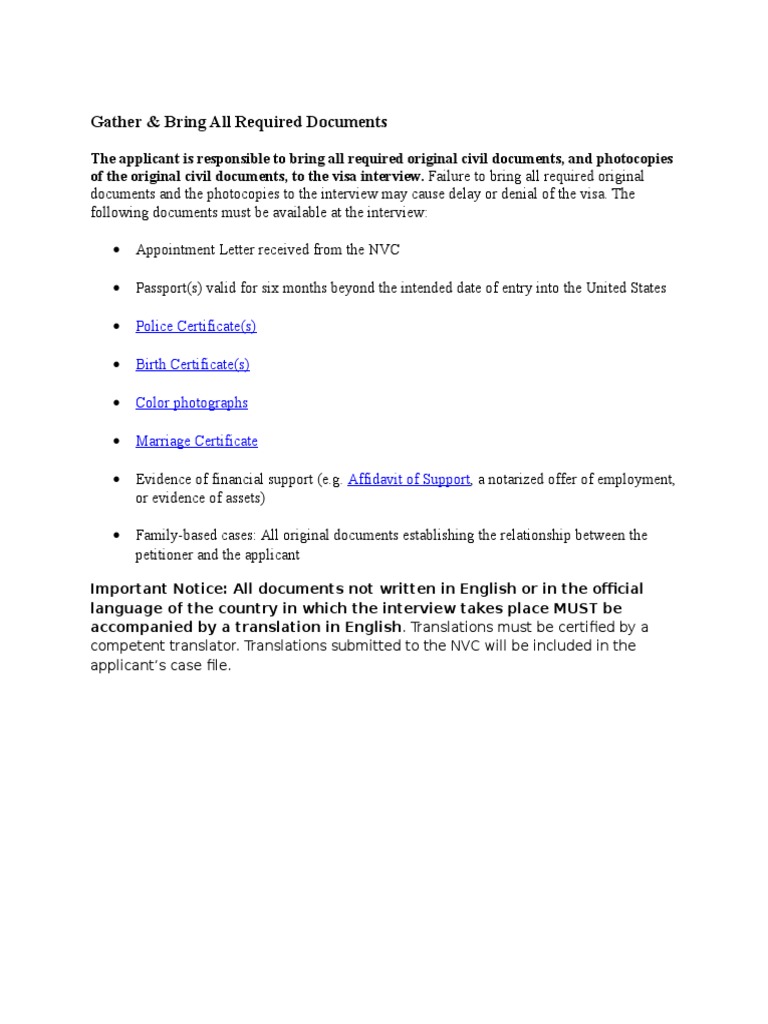 NVC Interview Document Checklist | PDF
