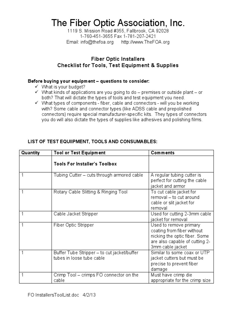 The Fiber Optic Association, Inc.: Fiber Optic Installers Checklist For ...