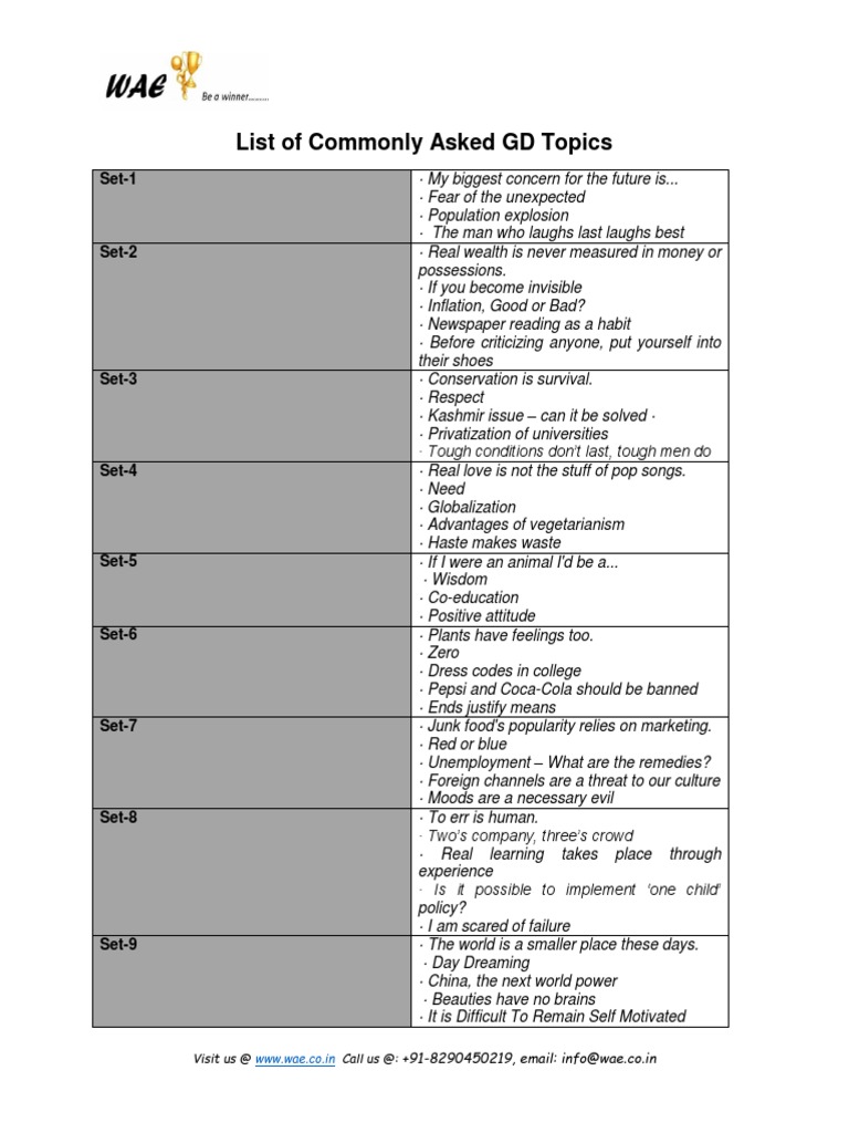 List of Commonly Asked GD Topics: Visit Us at Call Us @ | PDF ...